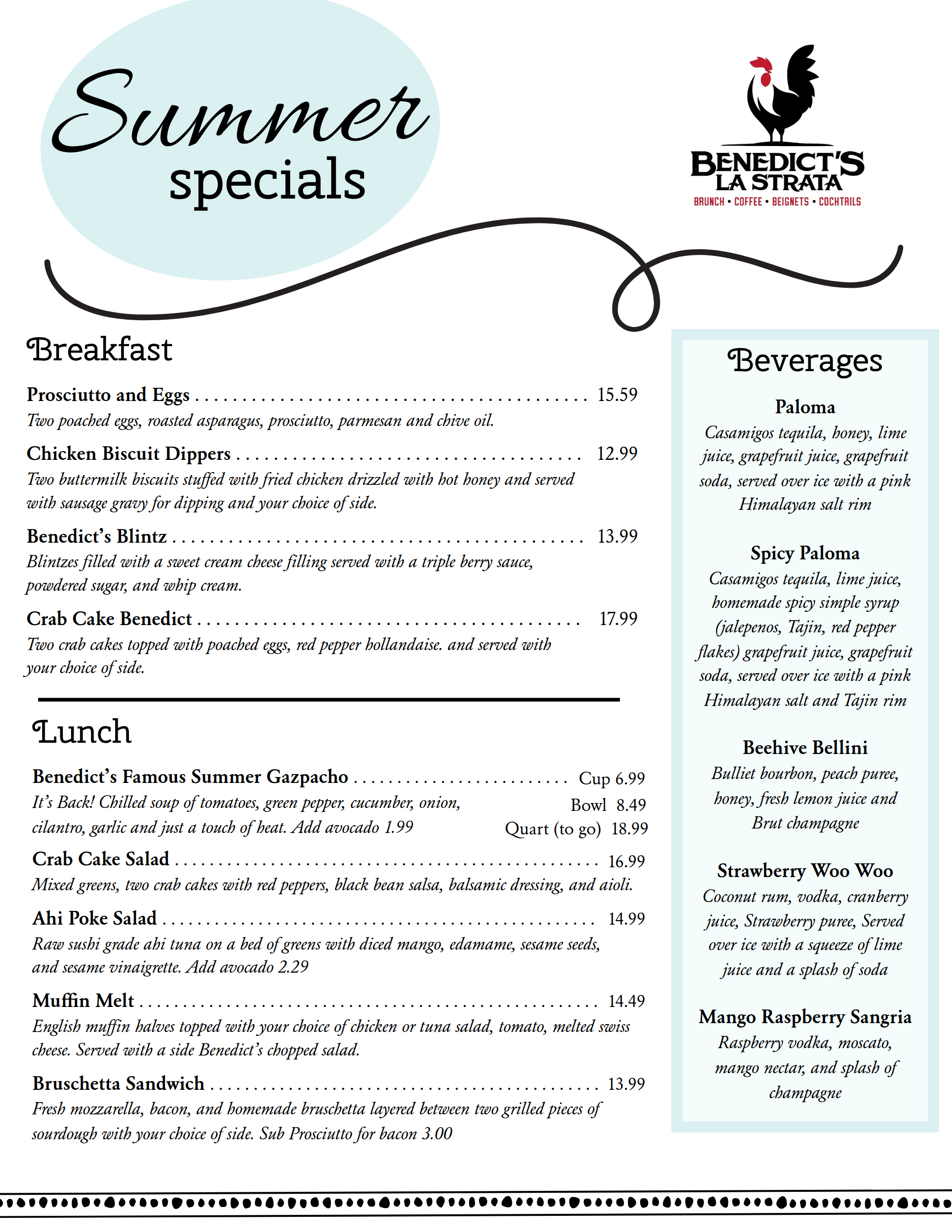 Menu - Benedict's La Strata, Taste of Benedict's